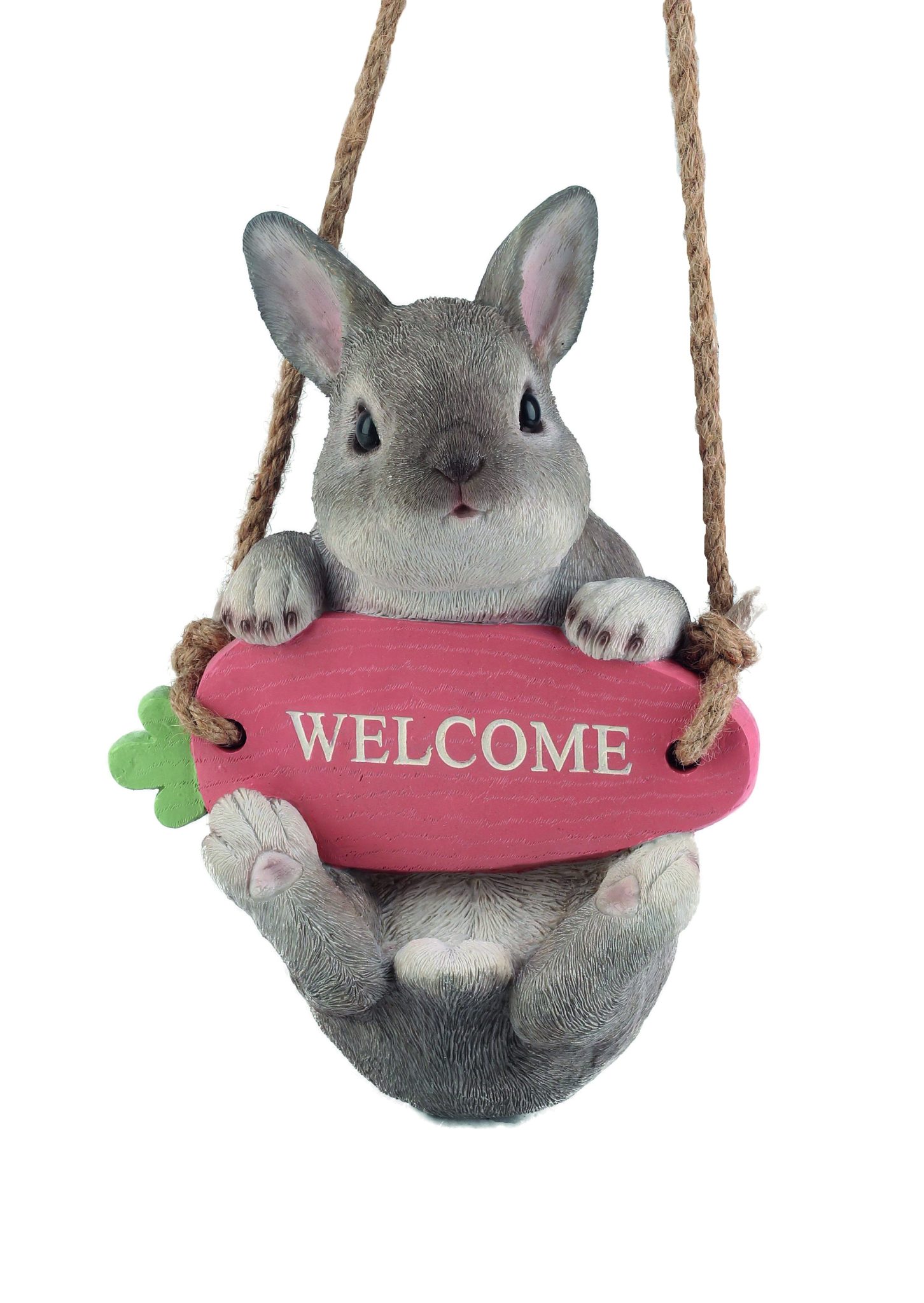 Welcome Rabbit on Swing – Bunny with Pink Carrot Sign